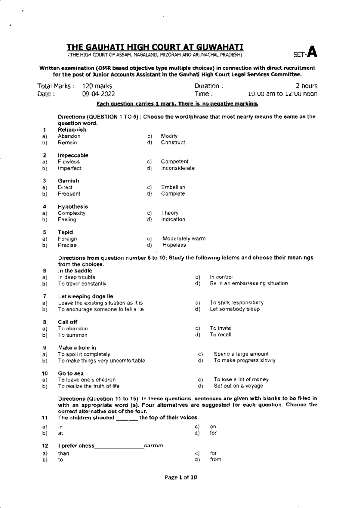 JAA- Ghclsc-2022 - EXAMINATION QUESTION PAPER - THE GAUHATI HIGH COURT AT GUWAHATI CftIE HIGH ...