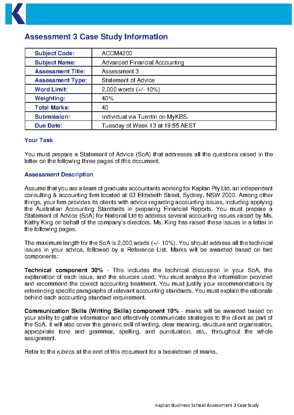 ACCM4200 T1 2024 Assessment 3 Letter Information - Assessment 3 Case ...