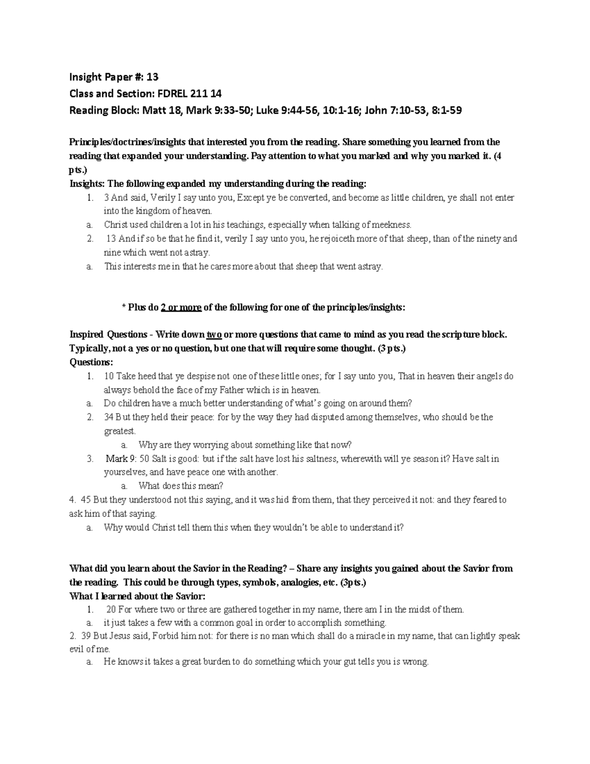 13 Insight Paper - For the class of Brother Parker. - Insight Paper 13 ...