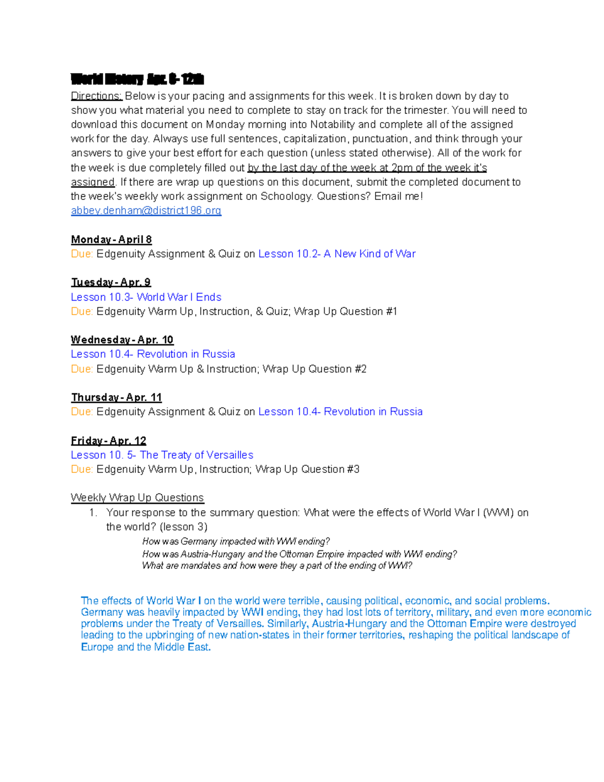 World Unit 10- Week 1 - World History Apr. 8- 12th Directions: Below is ...