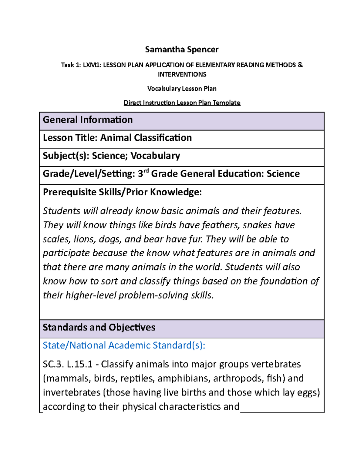 Lp direct instruction lesson plan template - Samantha Spencer Task 1 ...