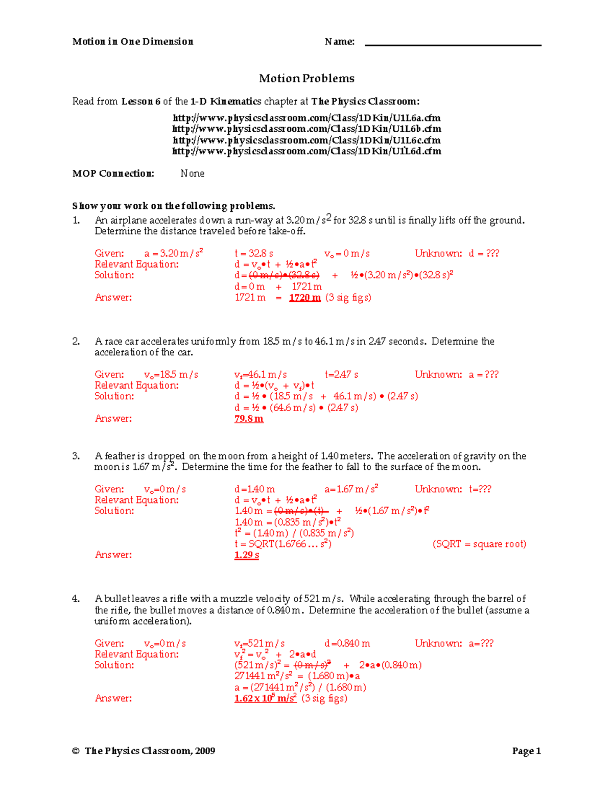 Abrar Alim - Kinematics Worksheet - Motion in One Dimension Name ...