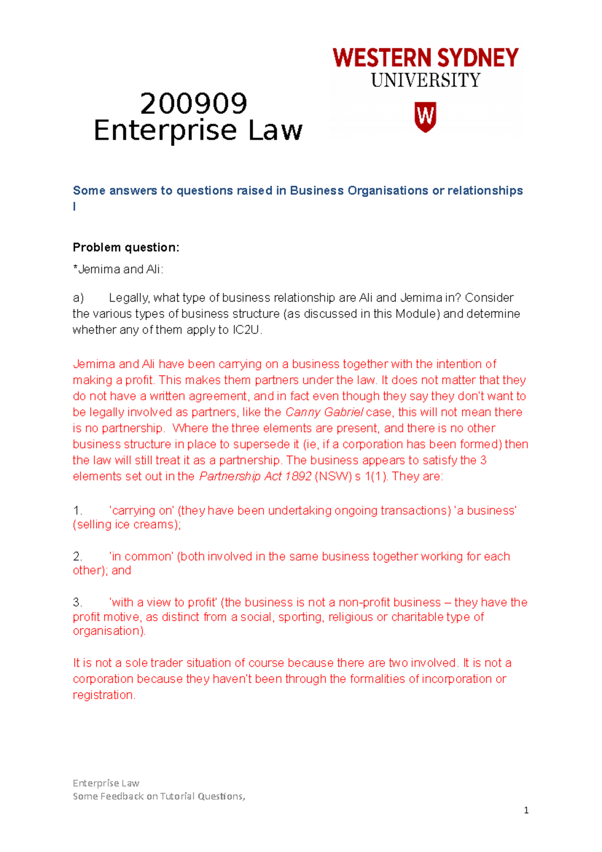 Business structures I answers - 200909 Enterprise Law Some answers to questions raised in ...