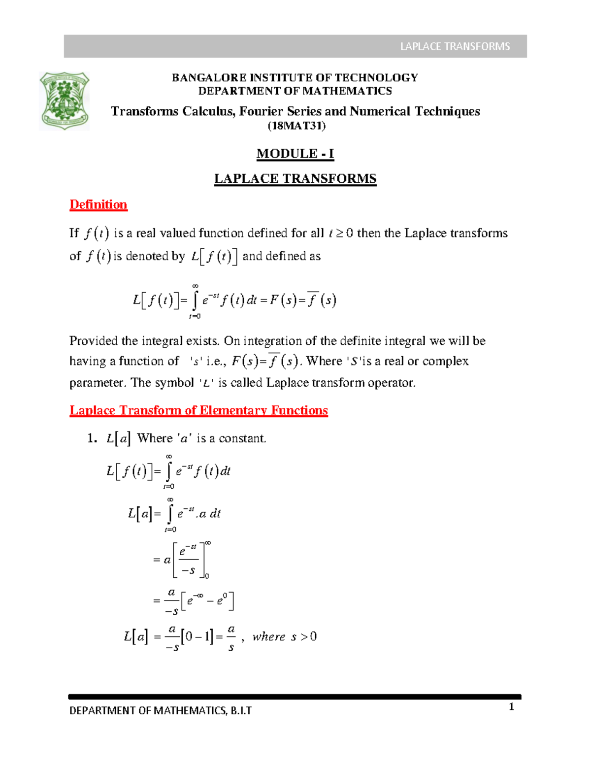 Laplace AND Inverse Laplace Transform - BANGALORE INSTITUTE OF TECHNOLOGY DEPARTMENT OF ...