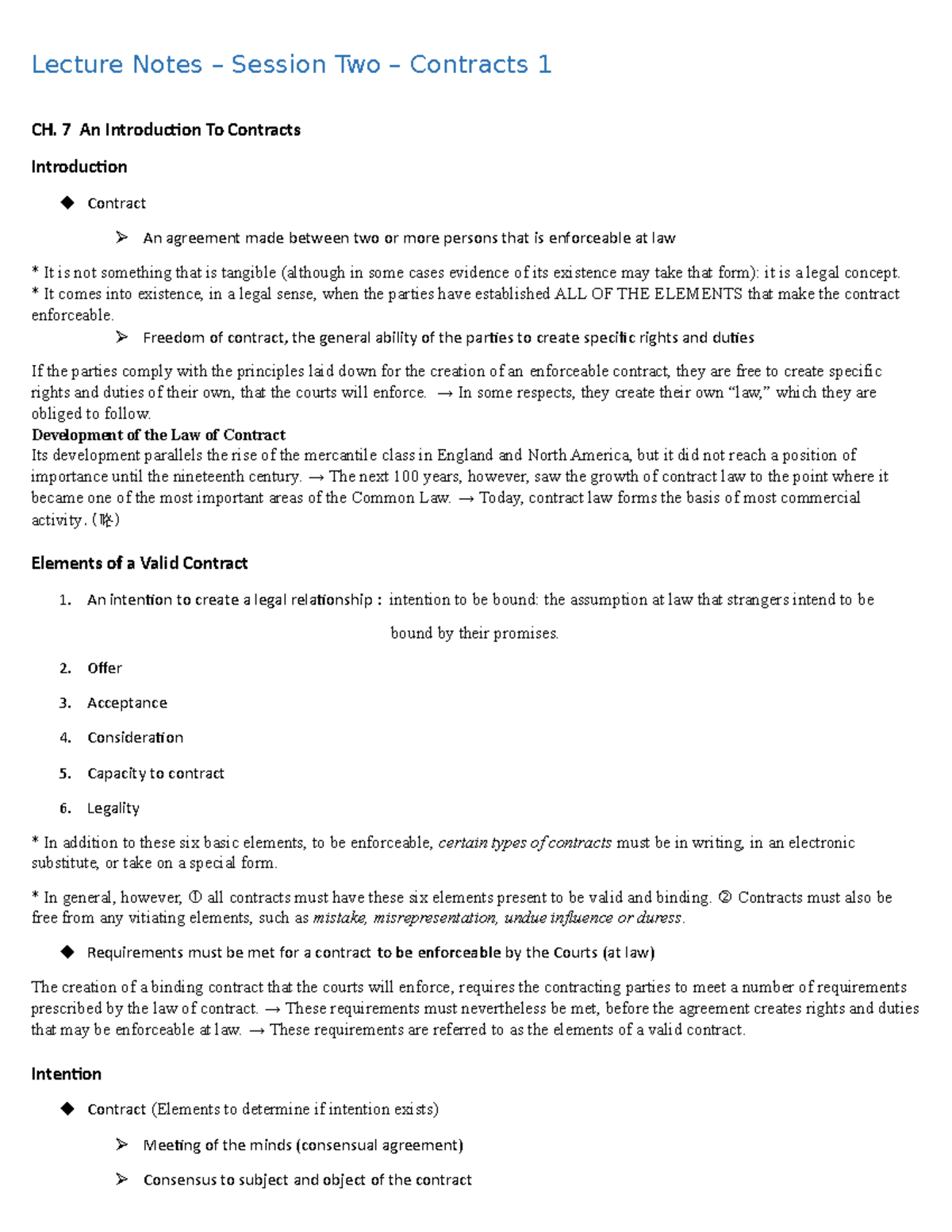Lecture Notes - Lecture 2 - Lecture Notes – Session Two – Contracts 1 ...