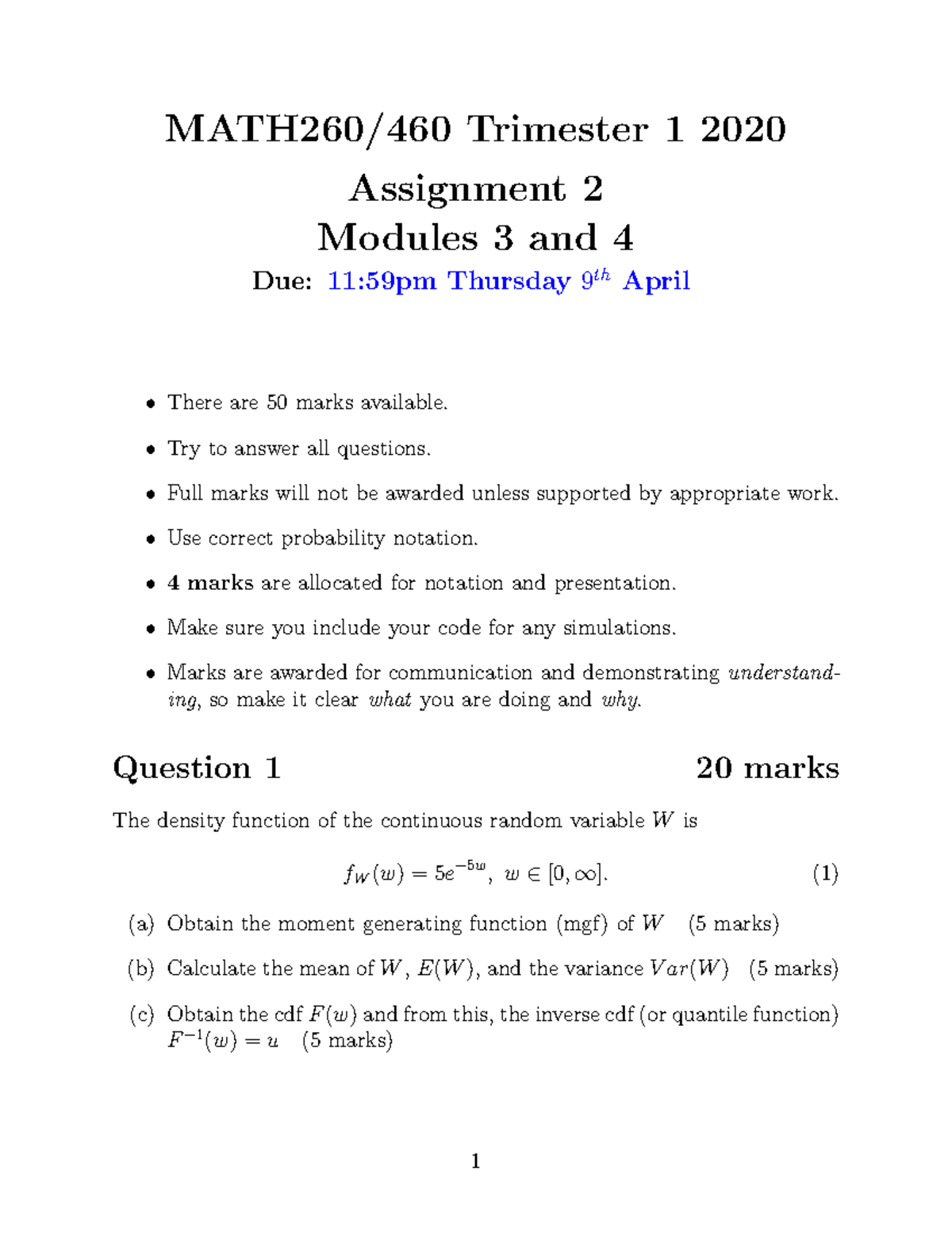 MATH260 Assignment 2 Problem Set 2020 - MATH260 - UNE - Studocu