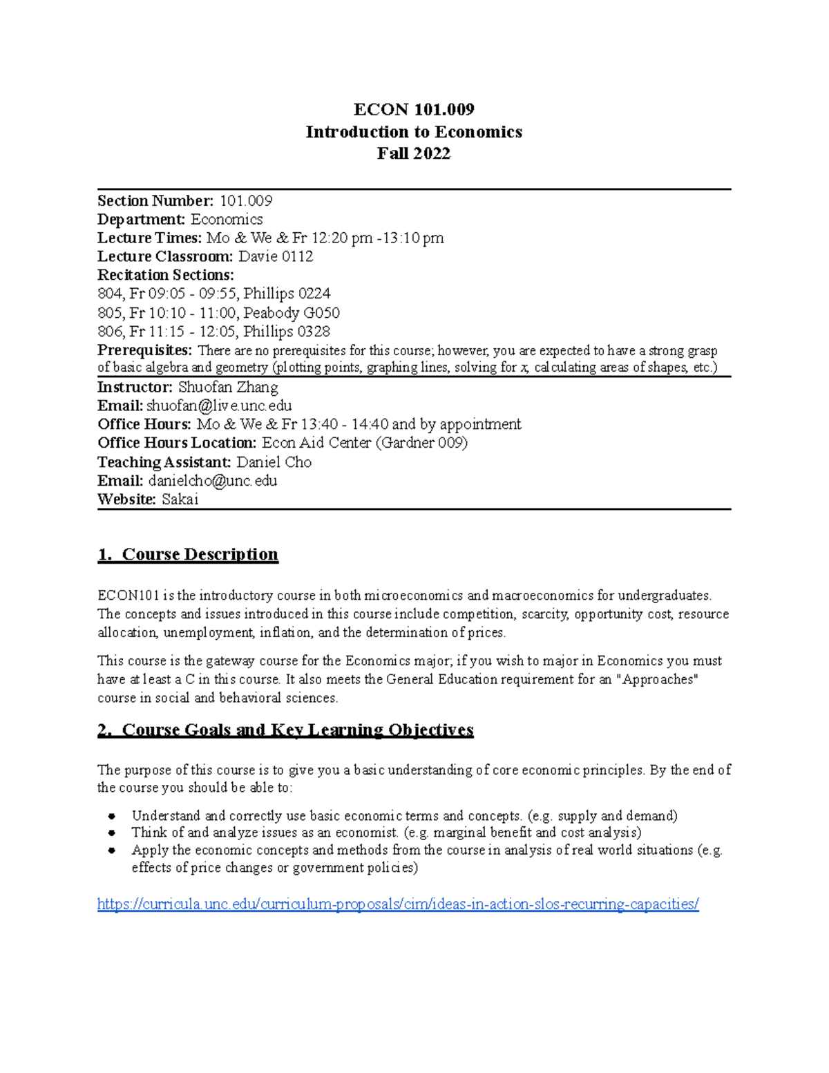 ECON 101 Fall 2022 Syllabus (Professor Zhang) - ECON 101. Introduction ...