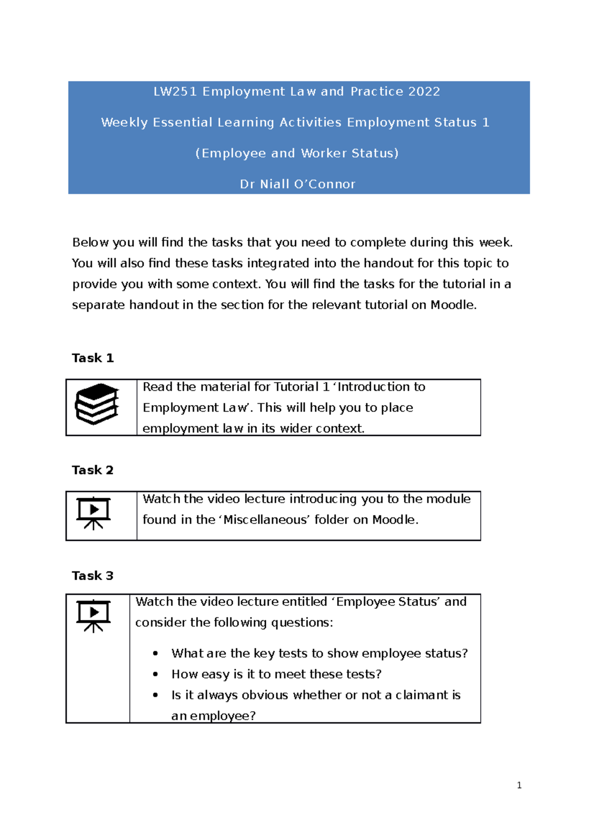 Weekly Essential Learning Activities Topic 1 Employment Status 1 (Week ...