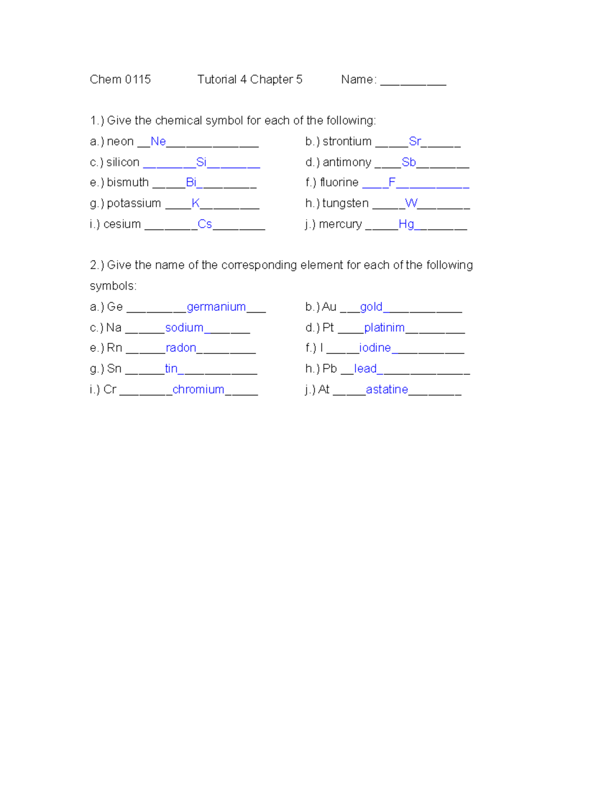 Tutorial 4 Chapter 5 naming answers - Chem 0115 Tutorial 4 Chapter 5 ...