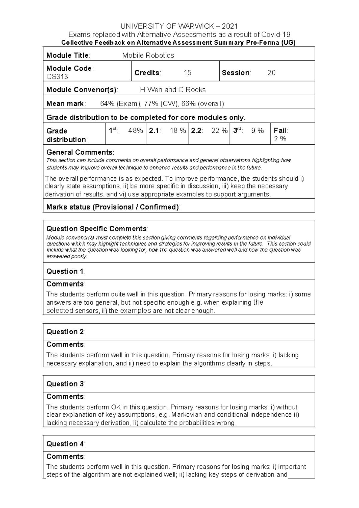 Cs313 mobile robotics exam feedback - UNIVERSITY OF WARWICK – 2021 Exams replaced with ...
