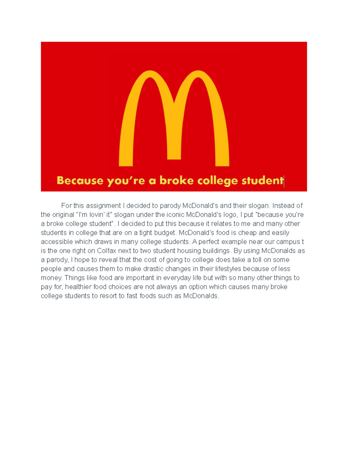 Parody Paragraph - For this assignment I decided to parody McDonald’s ...