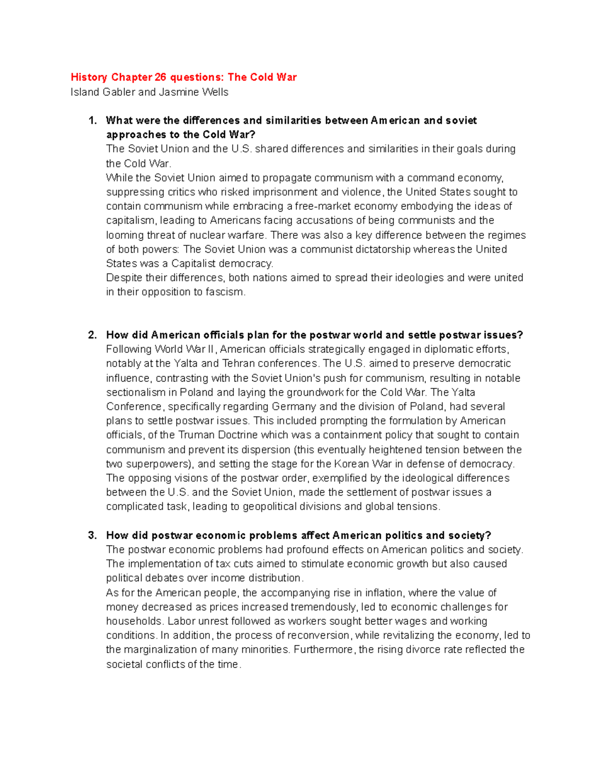 HIS CHAP 26 Cold war questions - History Chapter 26 questions: The Cold ...
