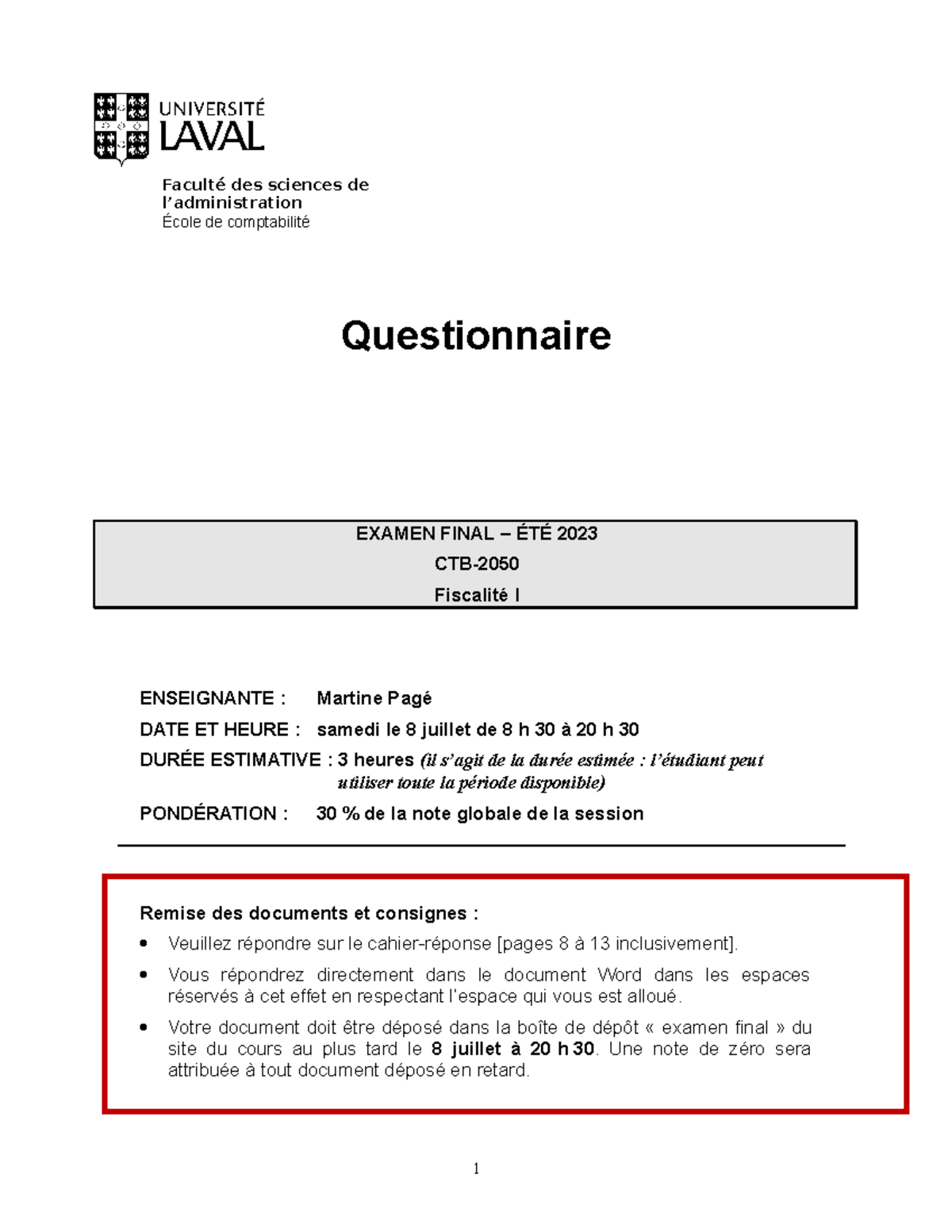 CTB-2050 Ex Final E23 - questionnaire - EXAMEN FINAL – ÉTÉ 2023 CTB ...