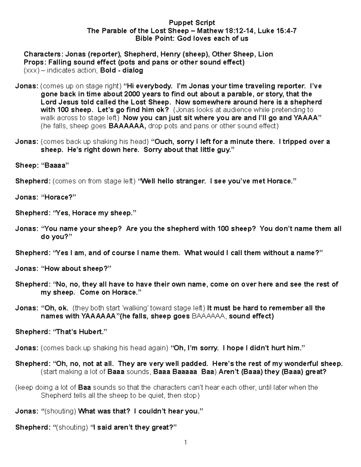 Script 1608 - Puppet Script The Parable of the Lost Sheep – Mathew 18: ...