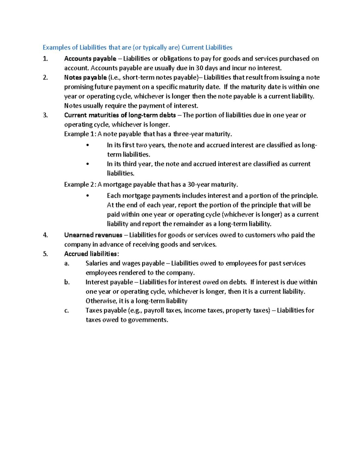 Chapter 9 pg2 - Examples of Liabilities that are (or typically are ...