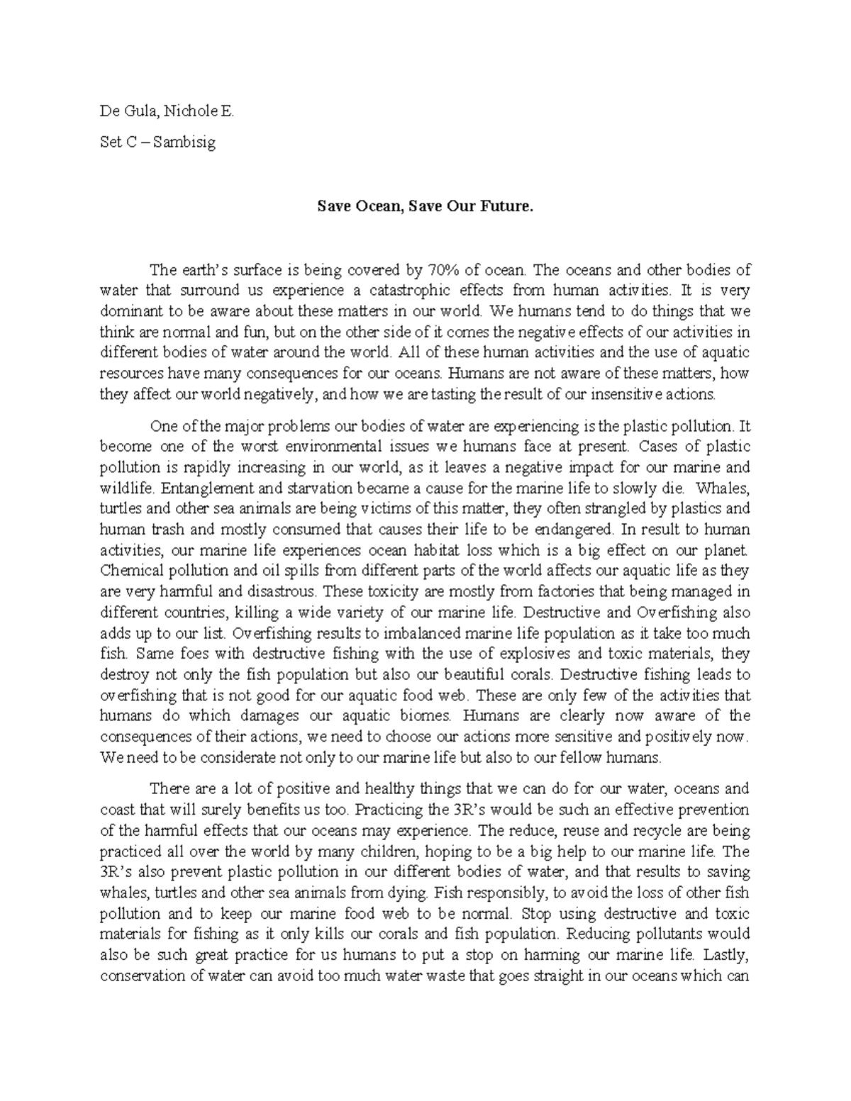 Saving Earth and environment essay - De Gula, Nichole E. Set C ...