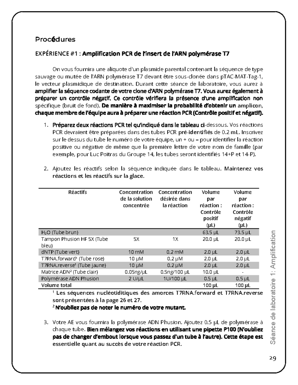 L1P - lab 1 procédure - french - Séance de laboratoire 1: Amplification Proc dures EXPÉRIENCE #1 ...