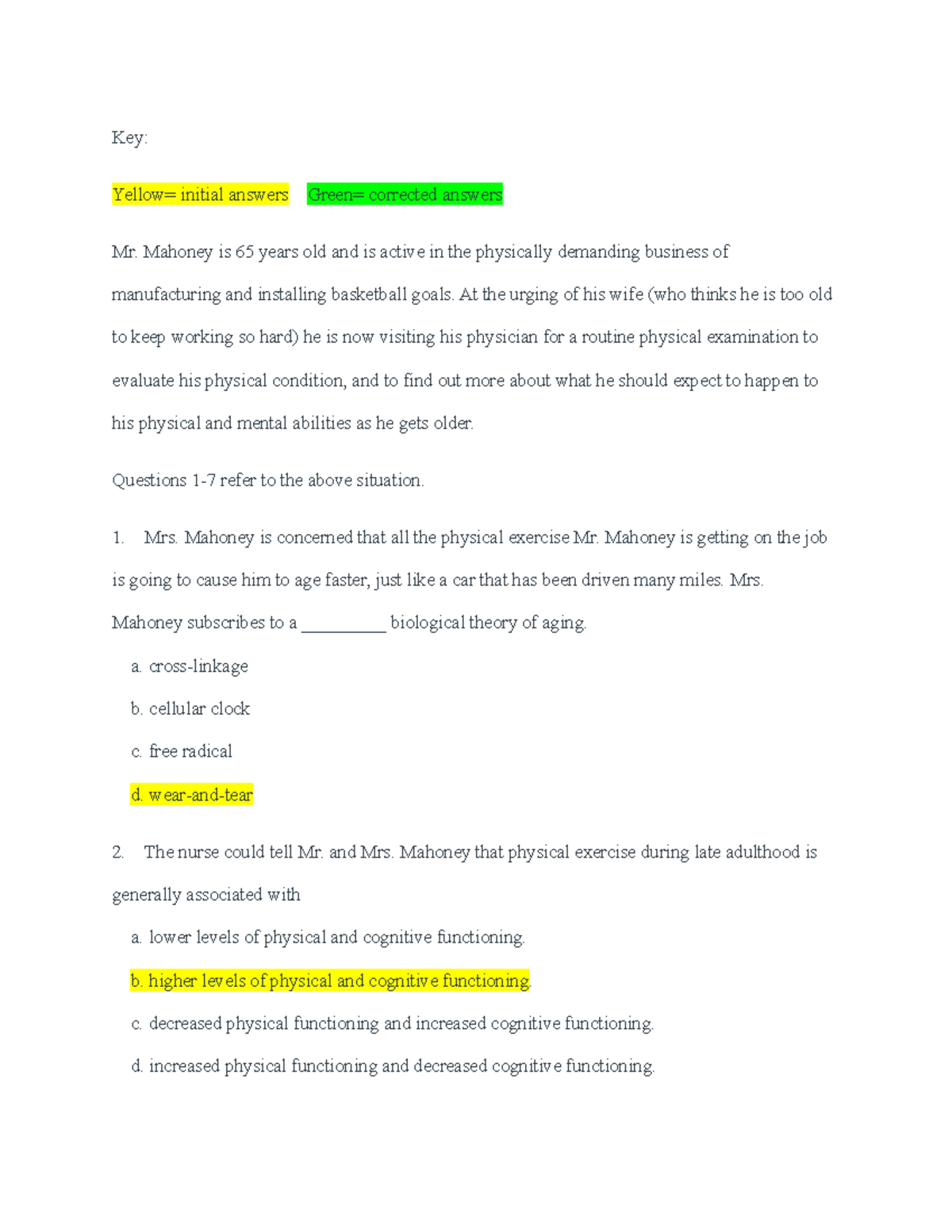 Test 4 Practice Questions - Key: Yellow= initial answers Green ...