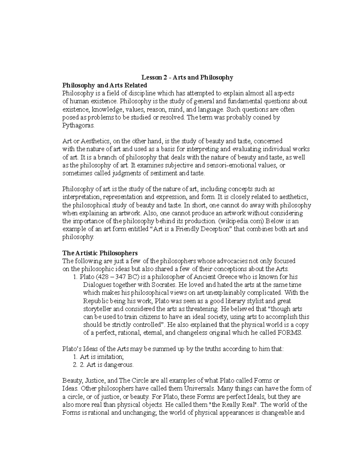 Art Appreciation - Lesson 2 - Arts and Philosophy Philosophy and Arts ...