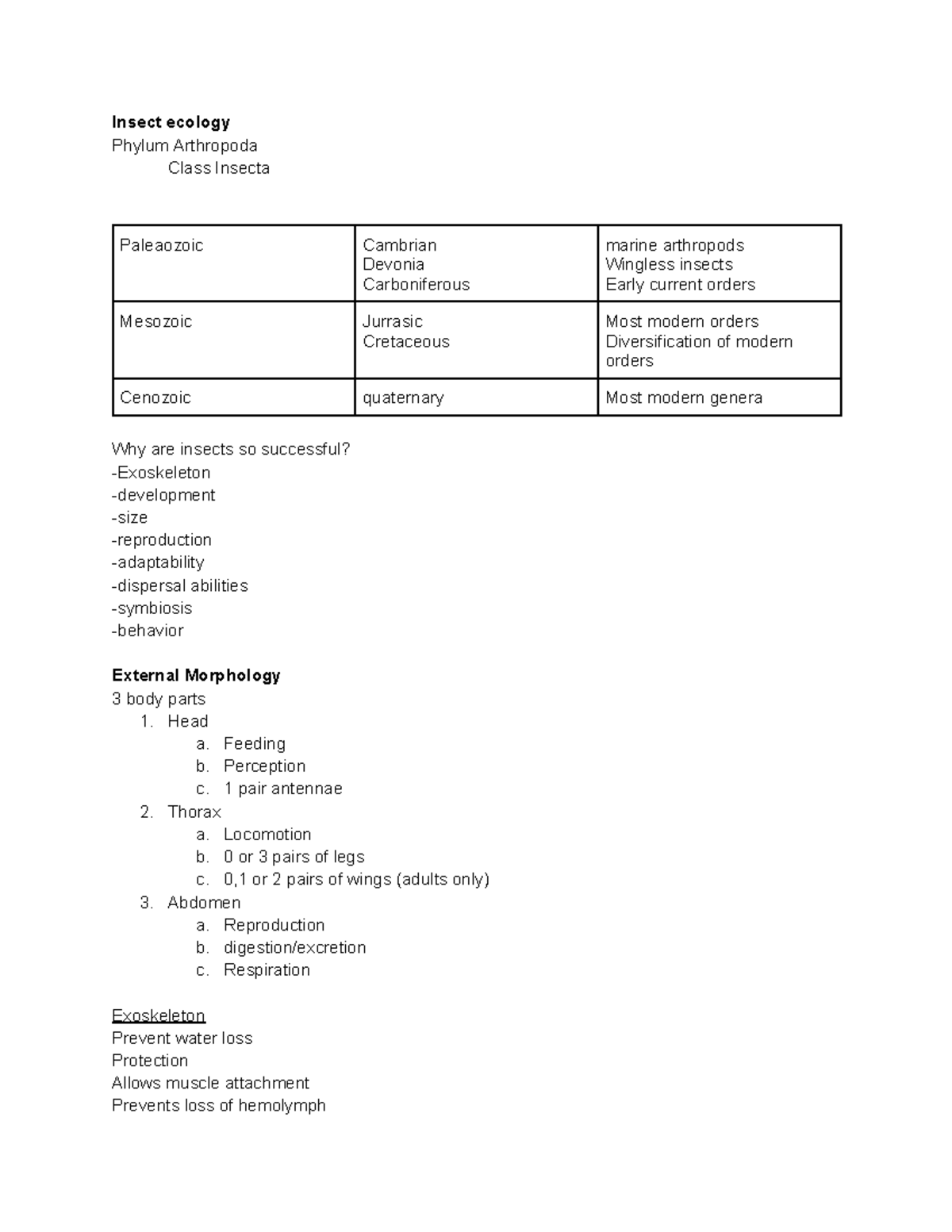 External morphology notes - Insect ecology Phylum Arthropoda Class ...