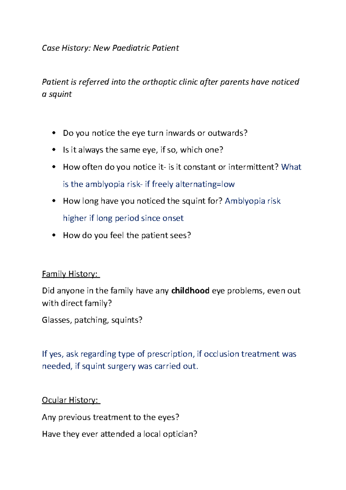 Paediatric Case History - Case History: New Paediatric Patient Patient ...