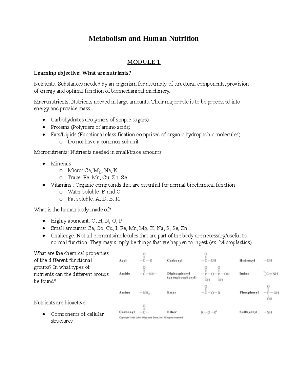 Module 1 - Metabolism and Human Nutrition MODULE 1 Learning objective: What are nutrients? - Studocu