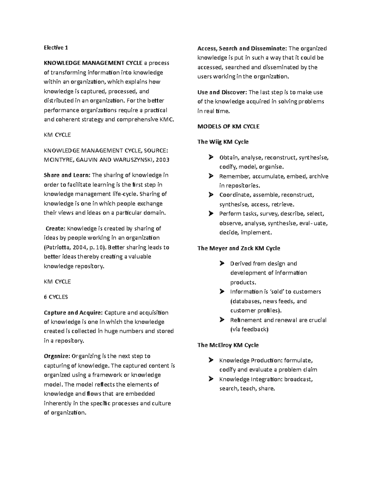 Elective-1 - Ma'am tan - Elective 1 KNOWLEDGE MANAGEMENT CYCLE a ...