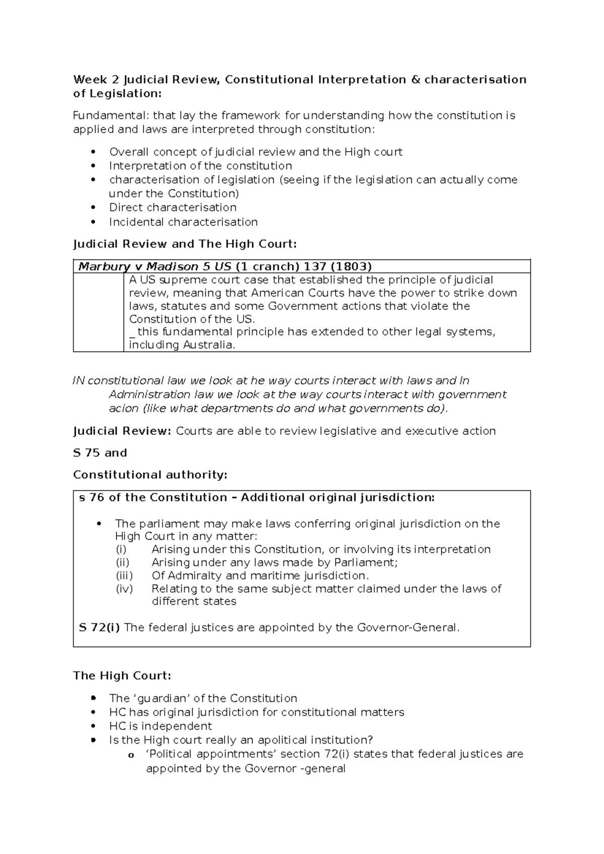 Week 2 Lecture notes - Week 2 Judicial Review, Constitutional ...