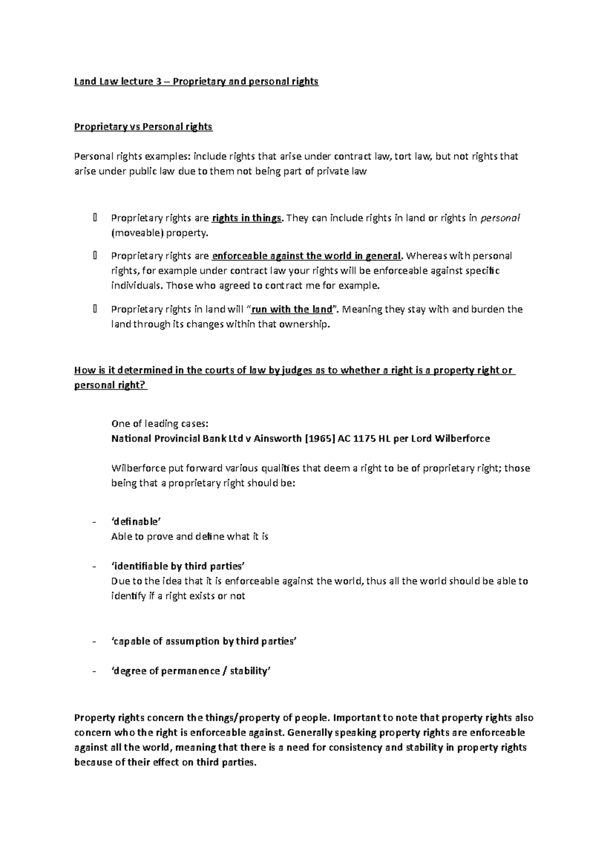 Land Law lecture 3 Properiarty and personal rights - Land Law lecture 3 ...