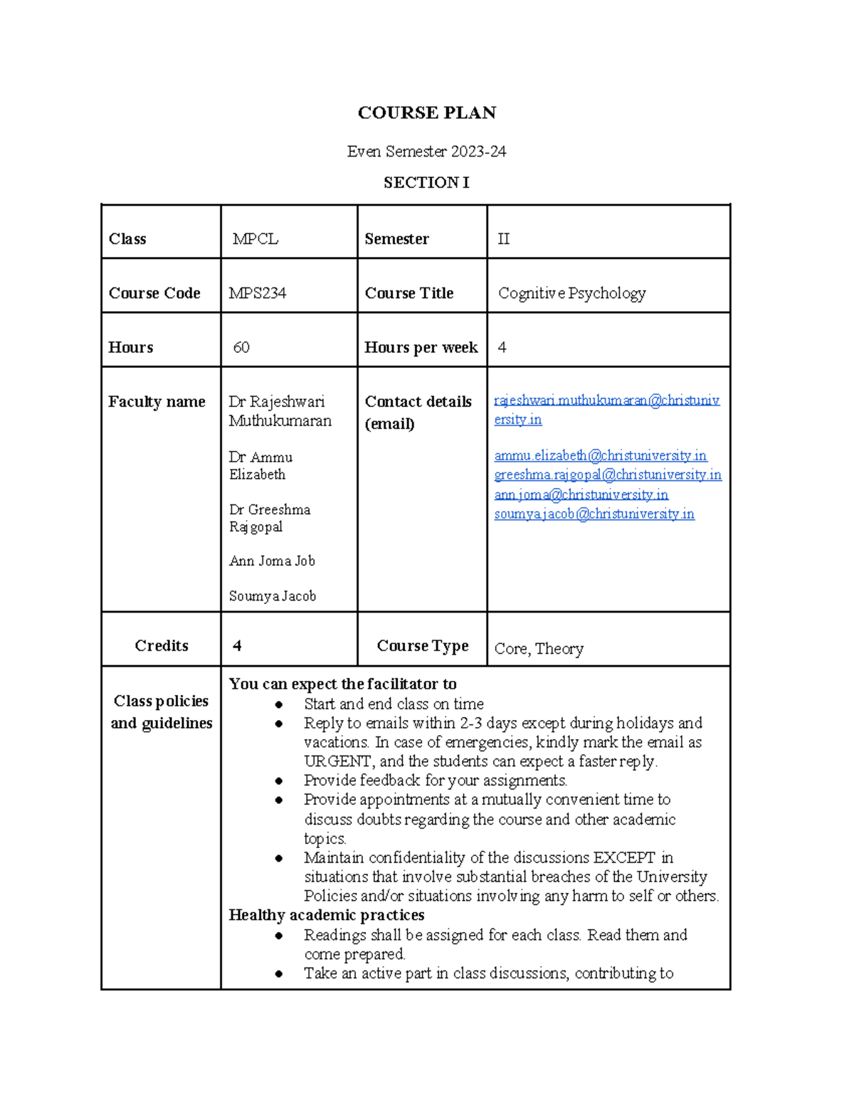 Cognitive syllabus - COURSE PLAN Even Semester 2023- SECTION I Class ...
