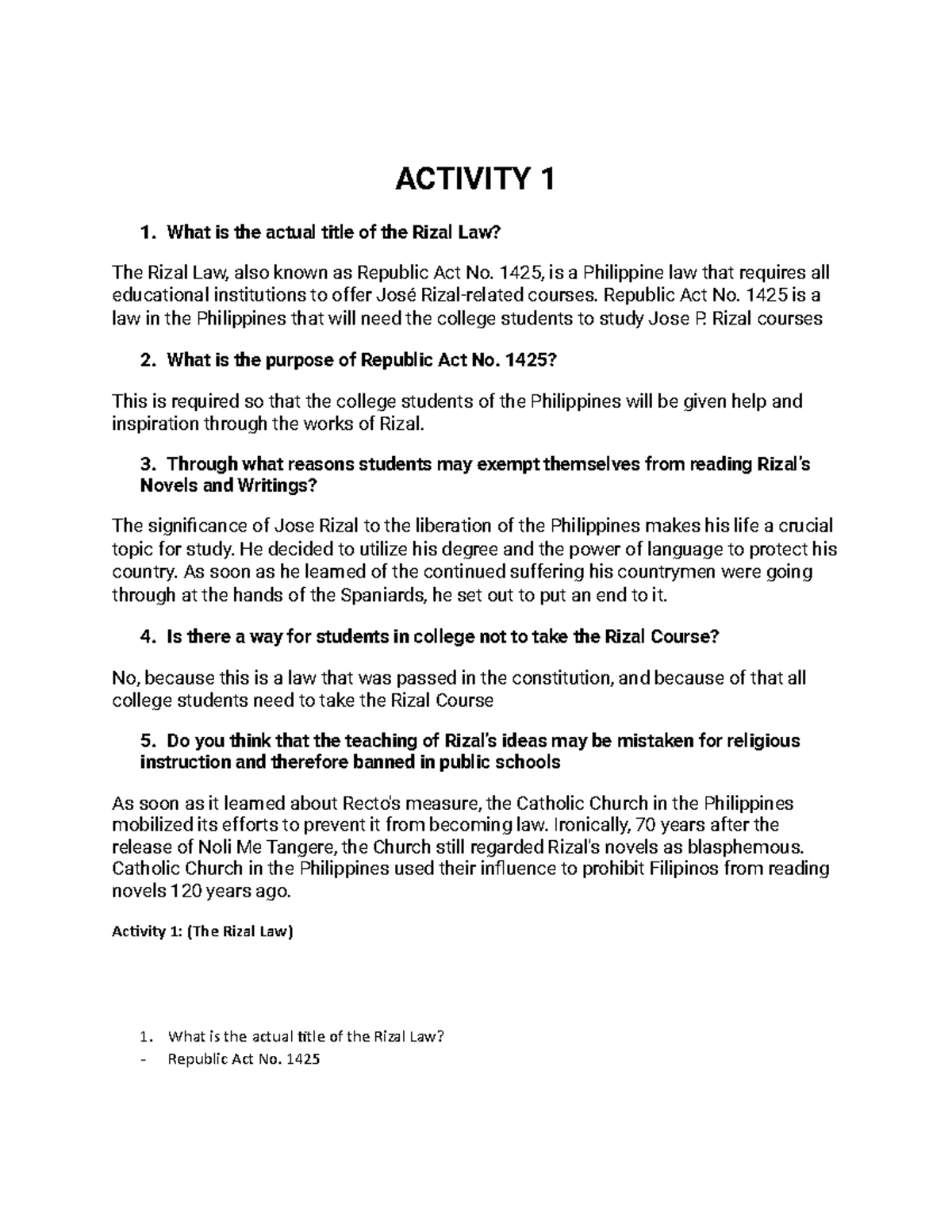 RN1-8 - Rizal-Chapter-1-8 - ACTIVITY 1 1. What is the actual title of the Rizal Law? The Rizal ...