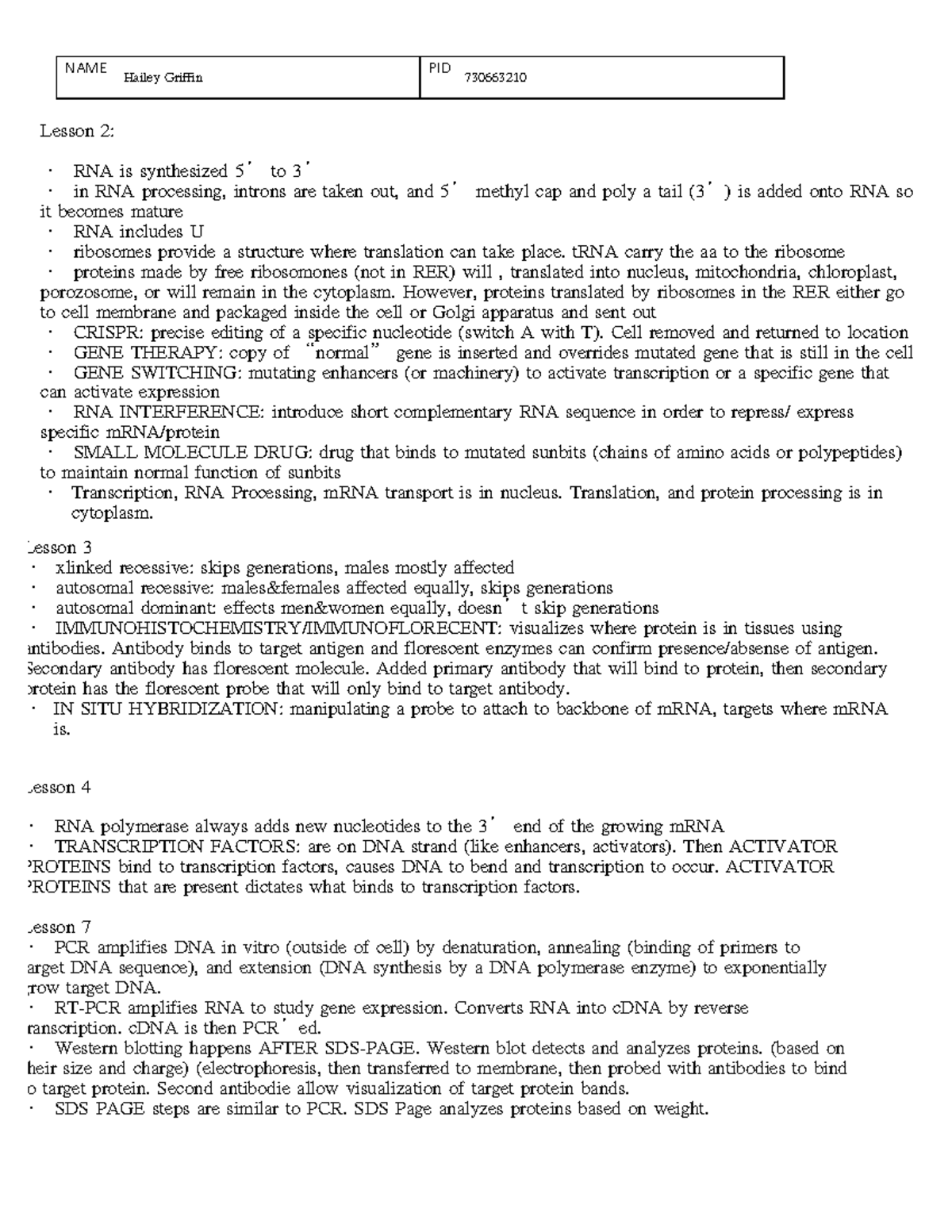 Bioexam 1 Cheatsheet - NAME PID Hailey Griffin 730663210 Lesson 2 ...