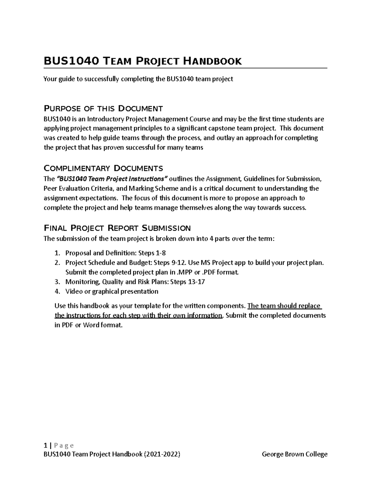 BUS1040 Team Project Handbook Summer 2022 - BUS1040 TEAM PROJECT ...
