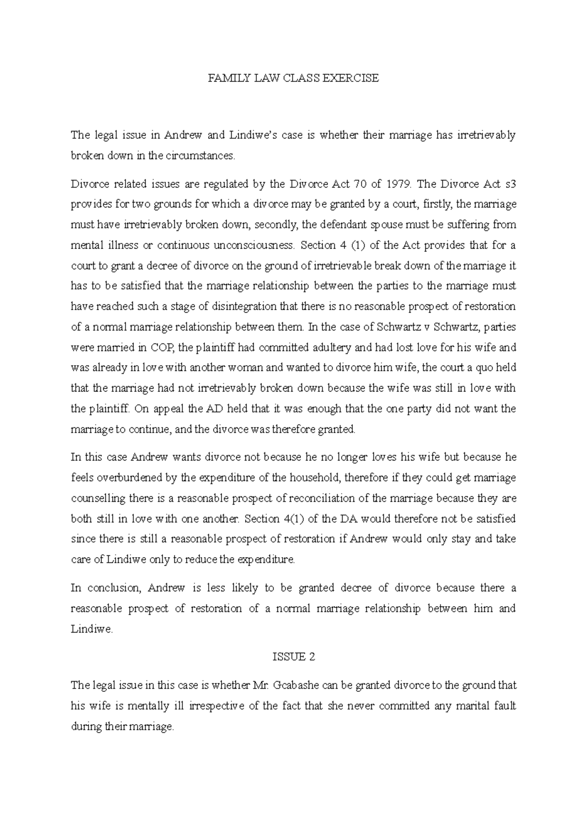 Family LAW Class Exercise - FAMILY LAW CLASS EXERCISE The legal issue ...