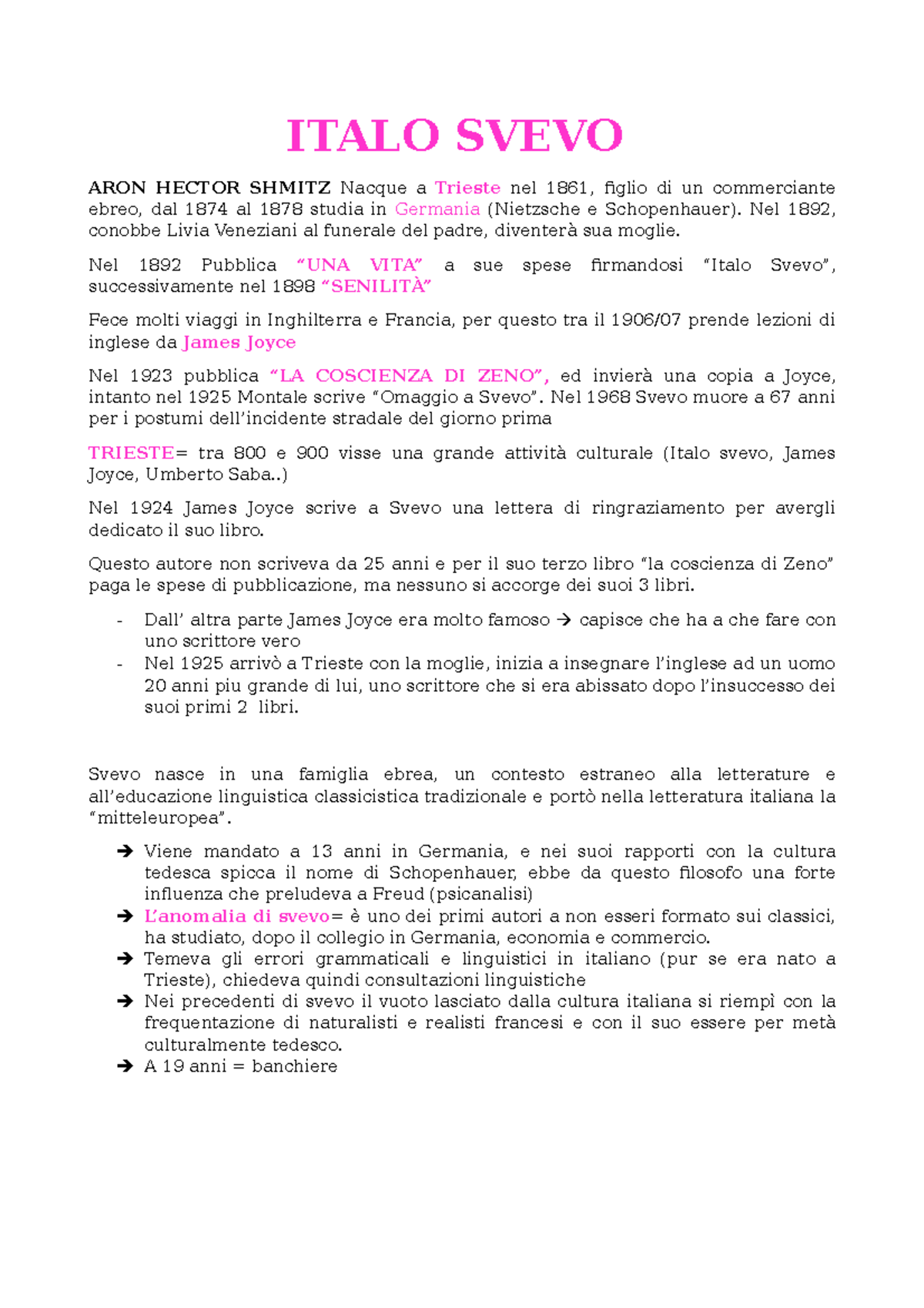 Italo Svevo - APPUNTI ESSENZIALI MATURITA - ITALO SVEVO ARON HECTOR SHMITZ Nacque a Trieste nel ...