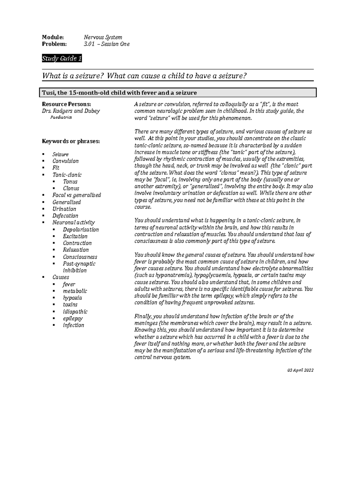 3.01-2011-CLI-1-Seizures, definition, causes - Module: Nervous System ...