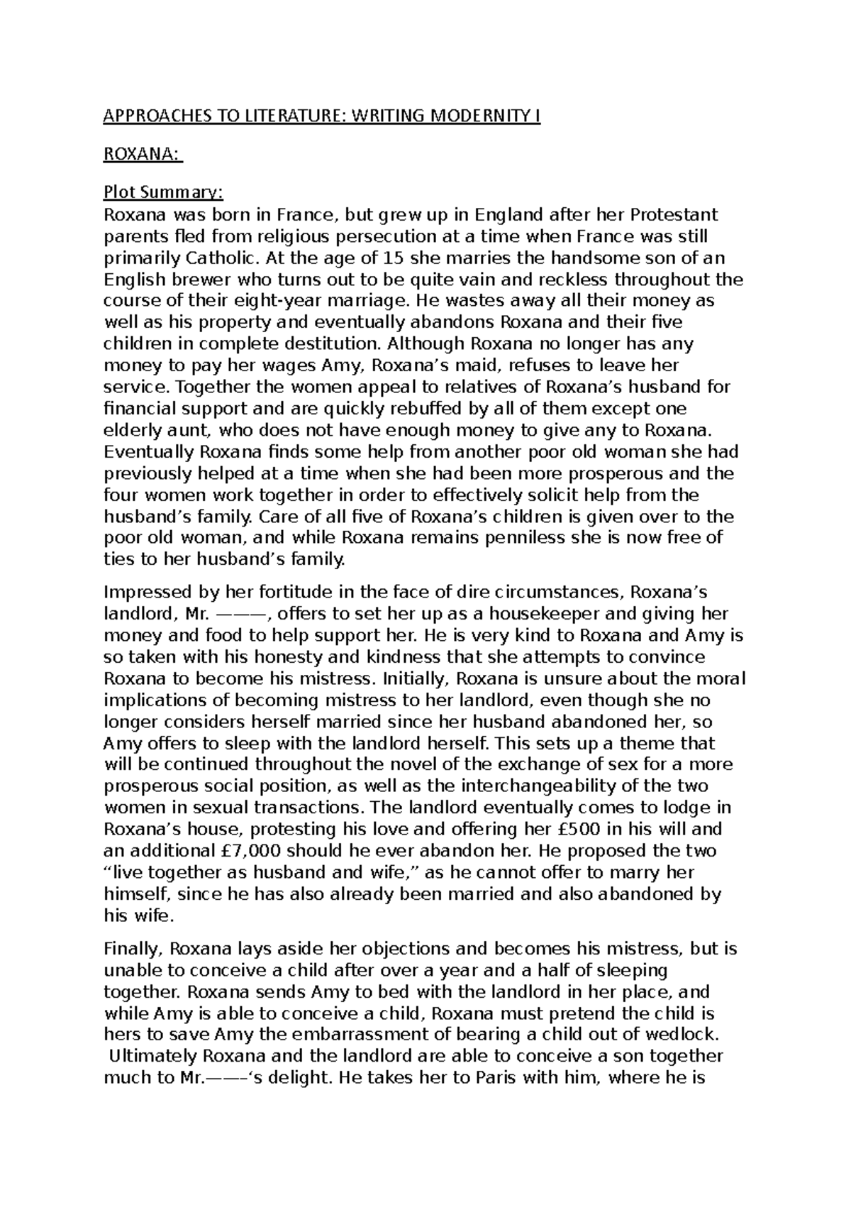 Roxanna Seminar - APPROACHES TO LITERATURE: WRITING MODERNITY I ROXANA ...