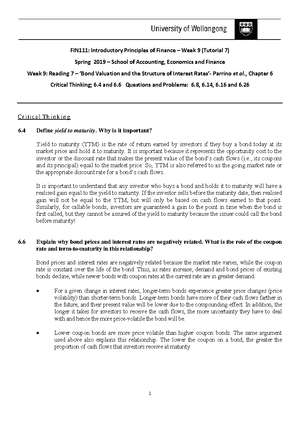 FIN111 Tutorial Solution Week 10 - FIN 111 - UOW - Studocu