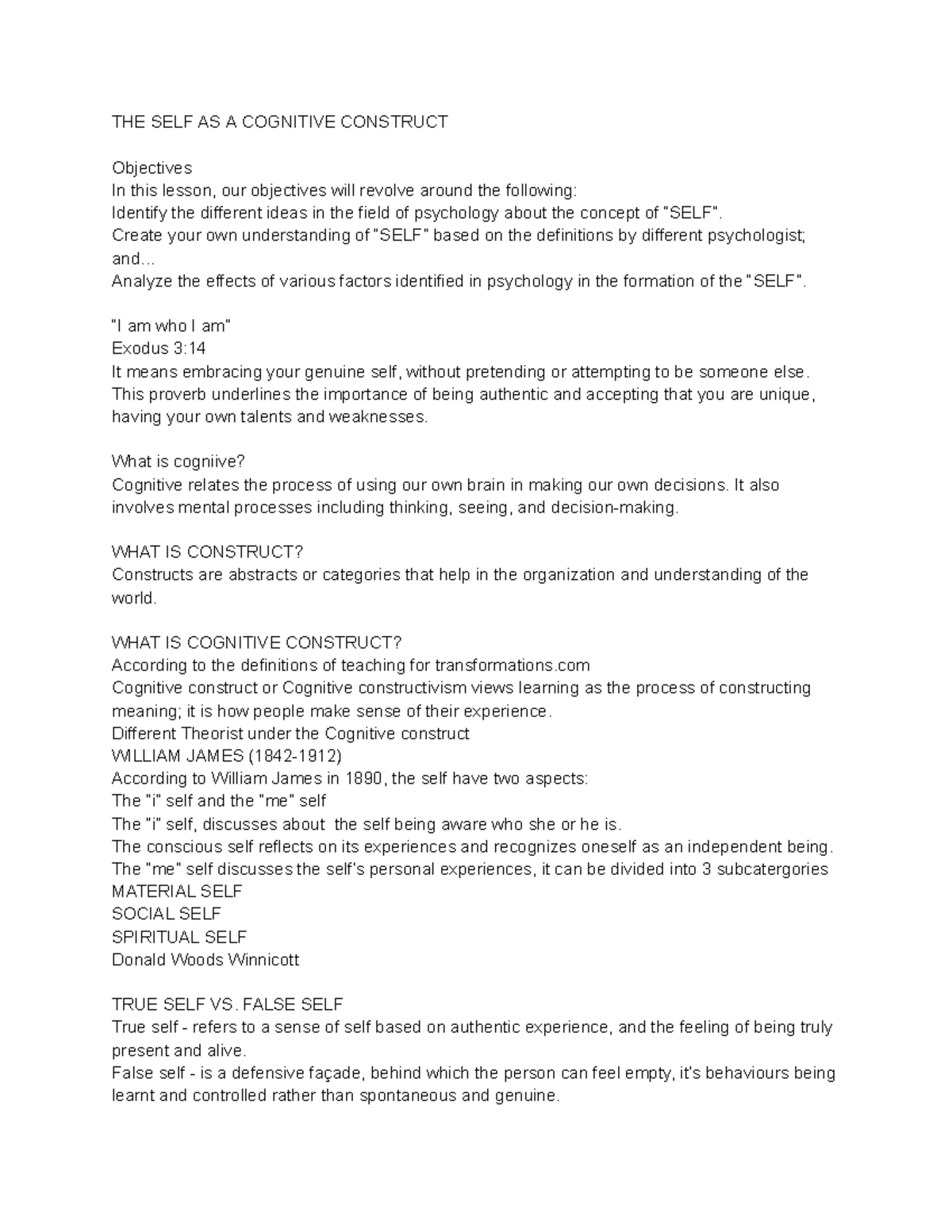 Self as a cognitive construct - THE SELF AS A COGNITIVE CONSTRUCT ...