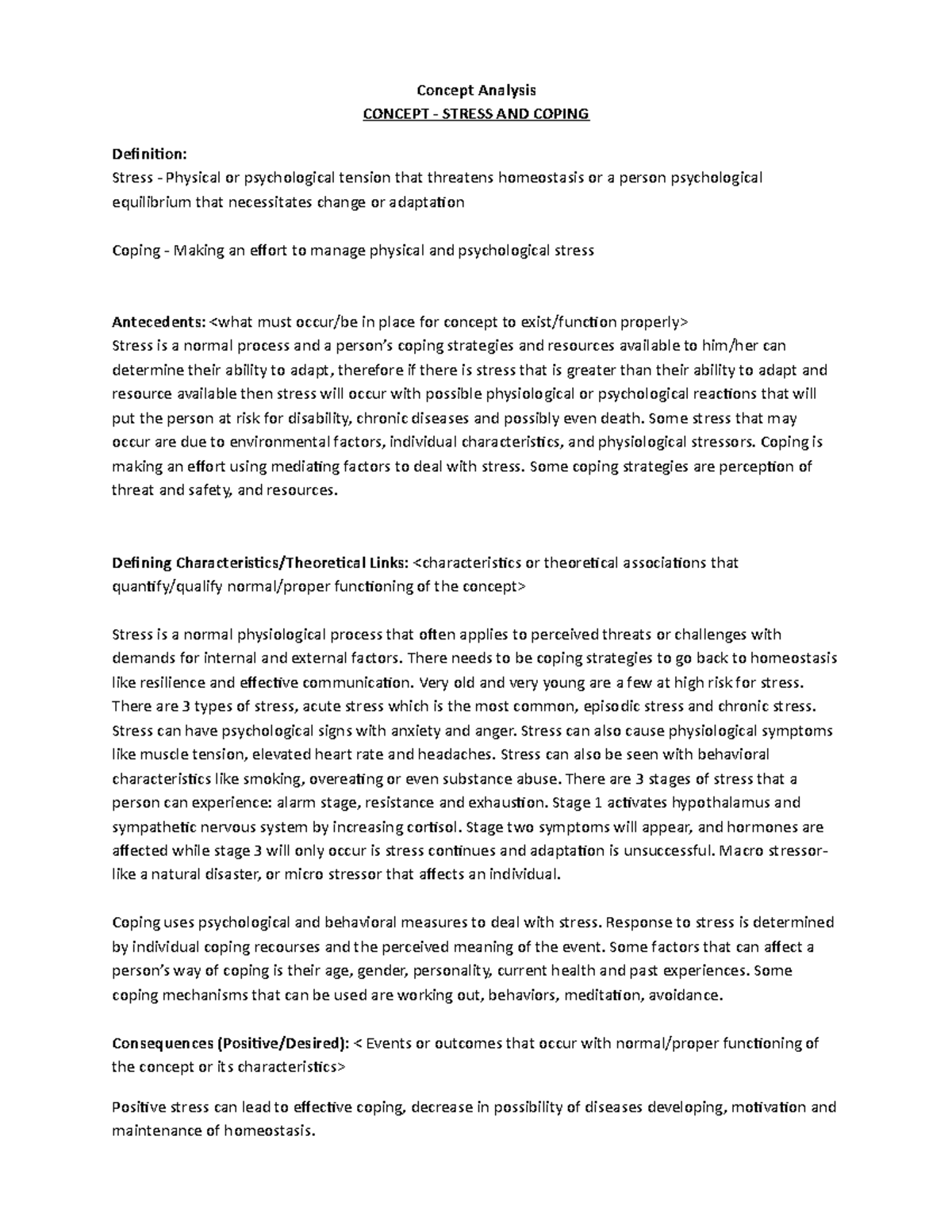 Assignment -Concept Analysis - Stress and Coping Student Template ...