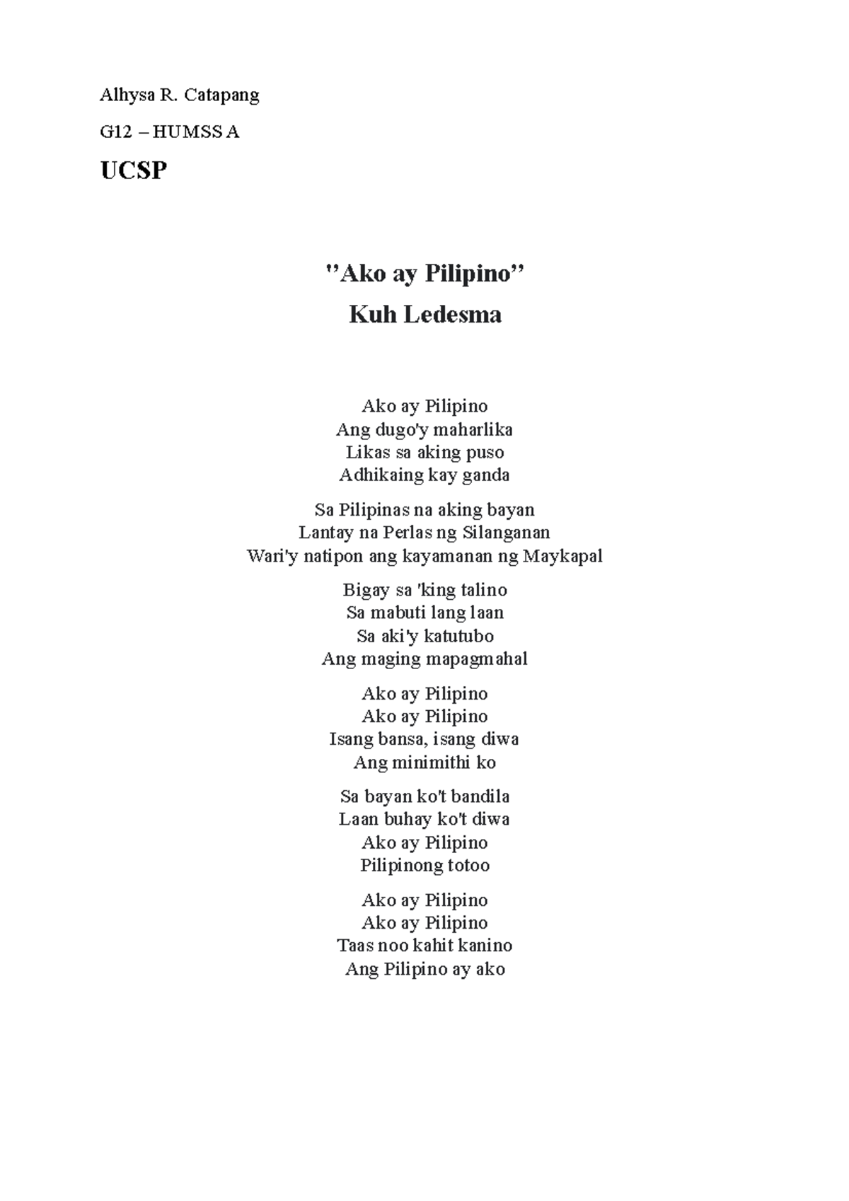 UCSP - BSJHZbZBJASHGzMBHJA - '’Ako ay Pilipino’’ Kuh Ledesma Ako ay ...