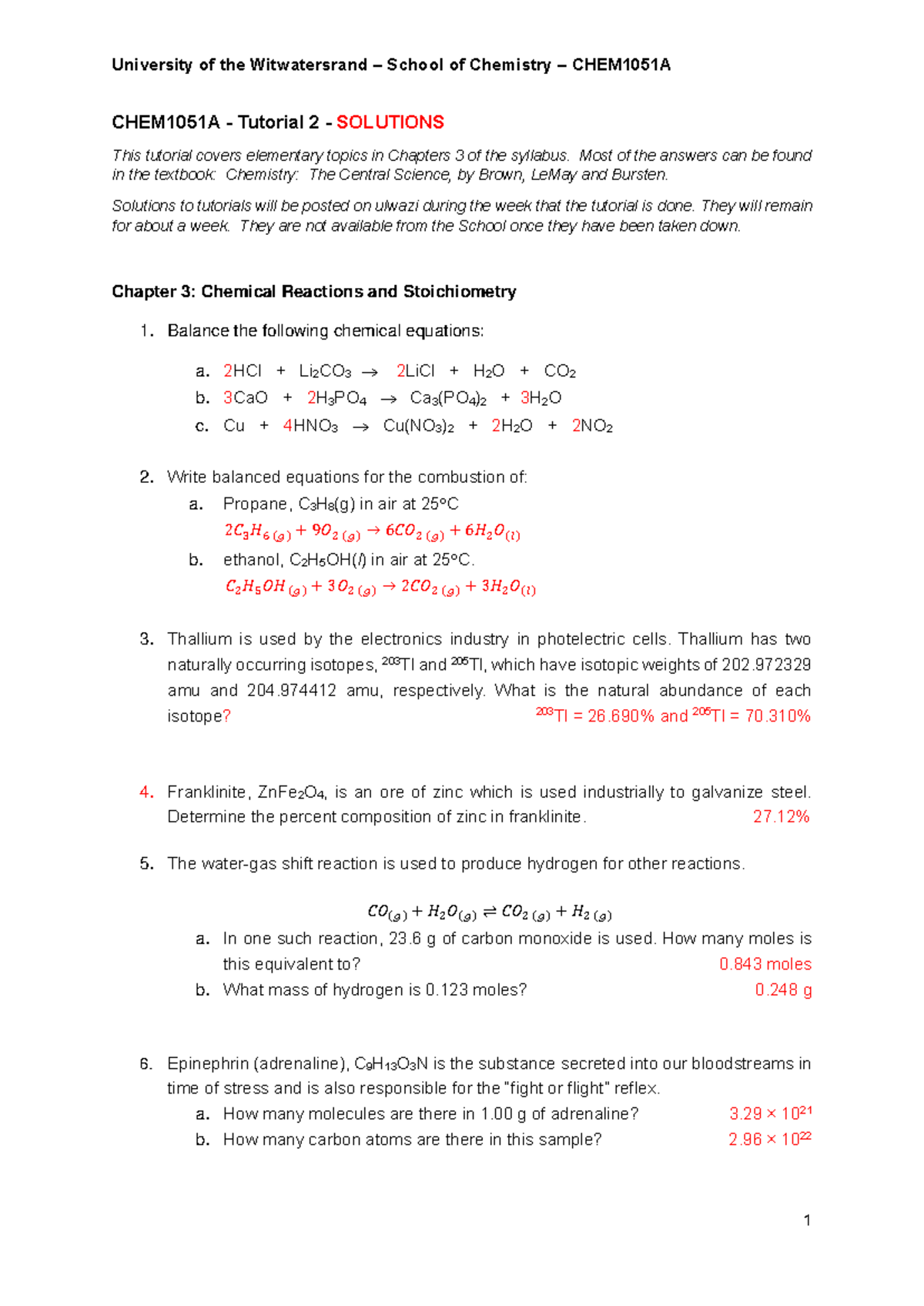 CHEM1051A Tut 2 Solutions 2024 - University of the Witwatersrand ...