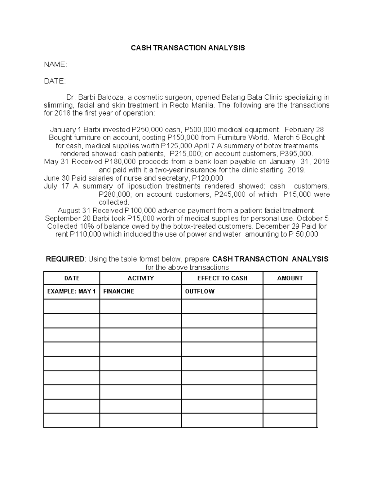 Statement OF CASH FLOW Activity 1 - CASH TRANSACTION ANALYSIS NAME ...
