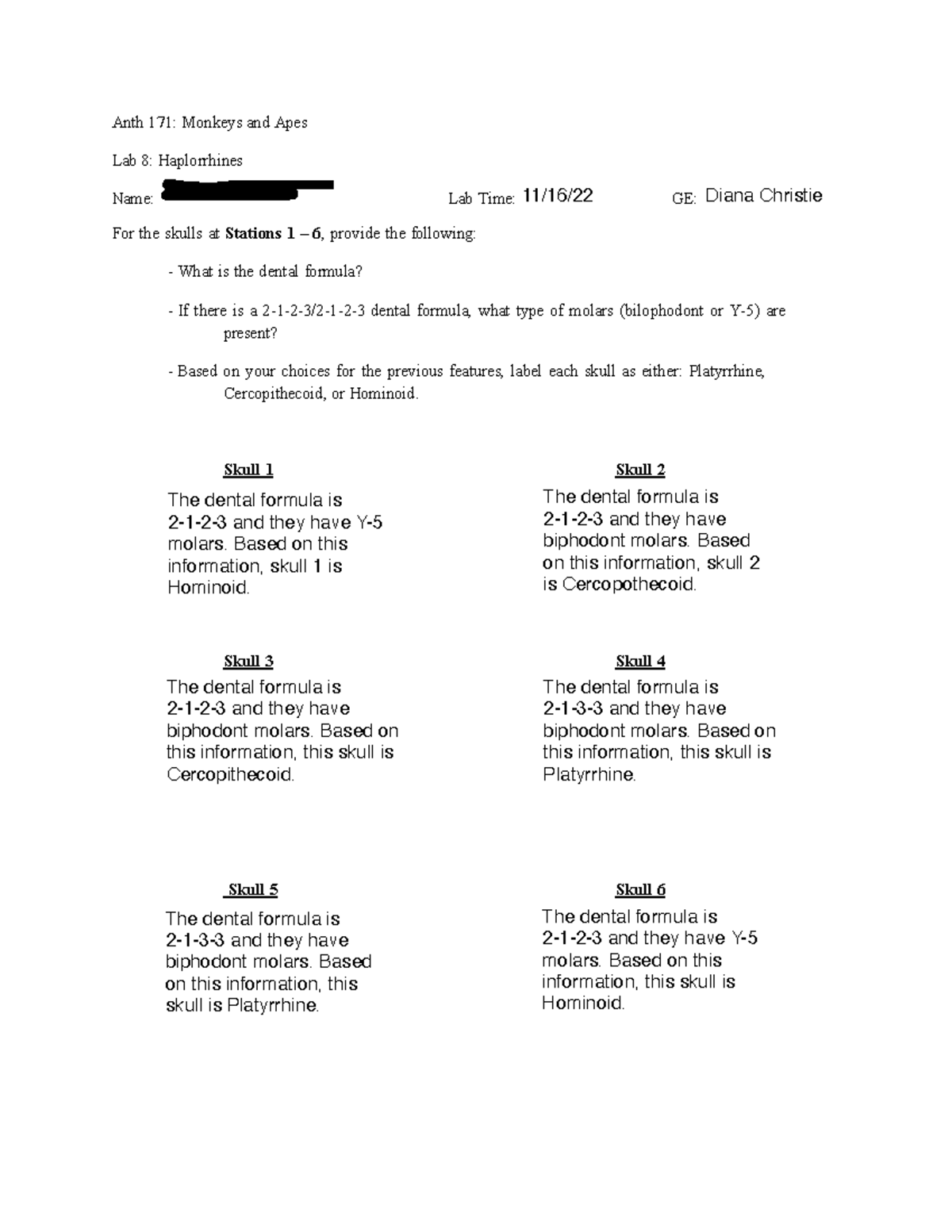 171 Lab 8 Haplorrhines fillable pdf - Anth 171: Monkeys and Apes Lab 8: Haplorrhines Name: Lab ...