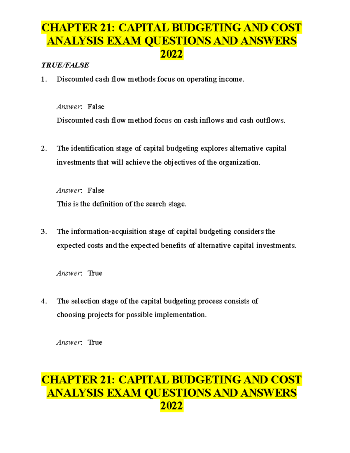 Ch21 Capital Budgeting and Cost Analysis Test - ANALYSIS EXAM QUESTIONS ...