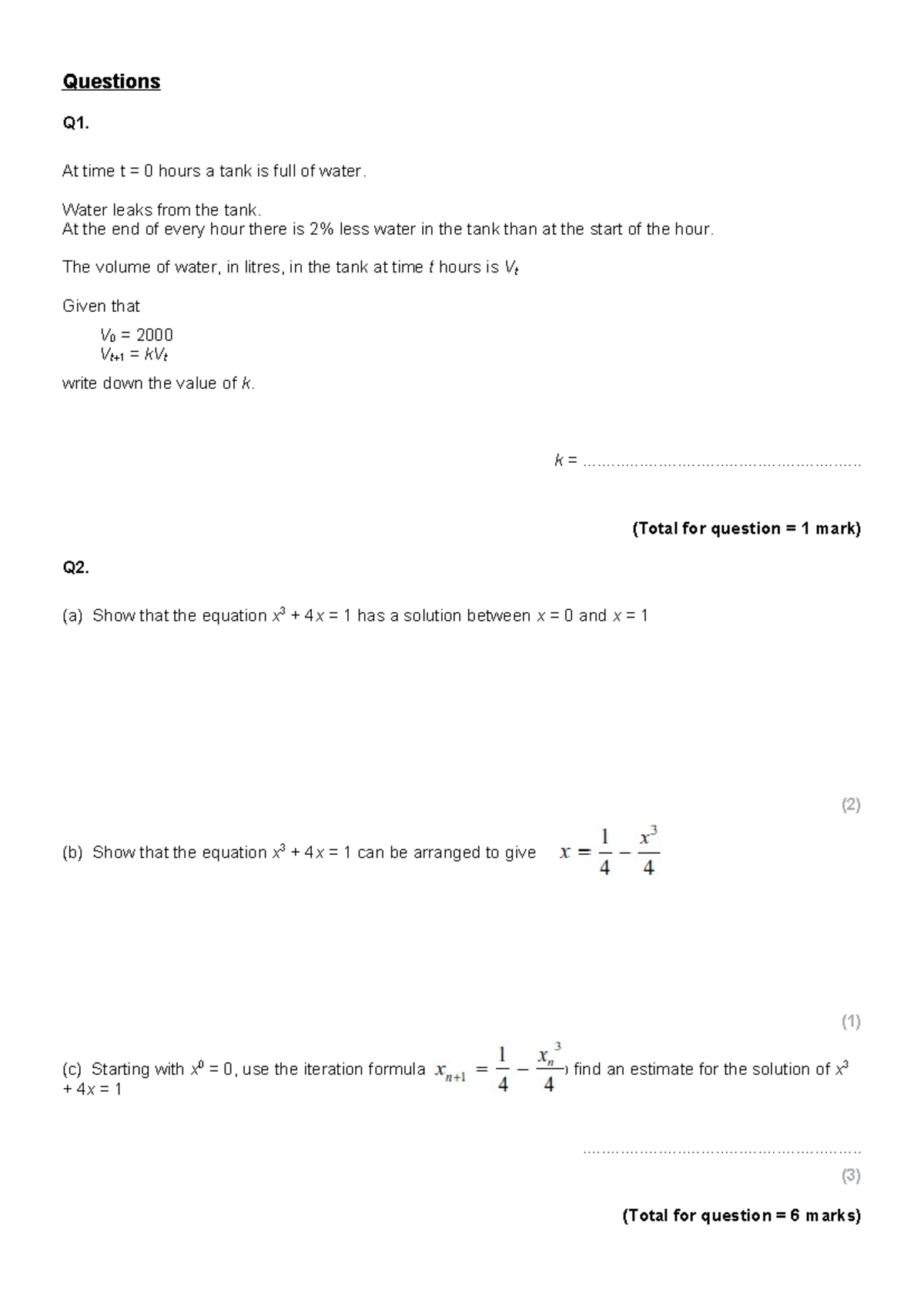 Iteration Worksheet - asd - Questions Q1. At time t = 0 hours a tank is ...