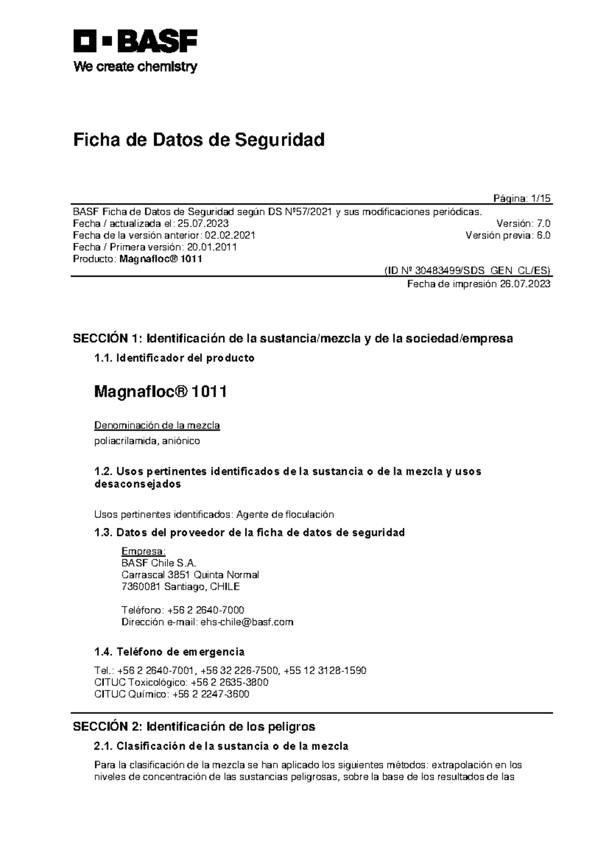 Magnafloc 1011 30483499 SDS GEN CL es 7-0 CL01 - Ficha de Datos de ...