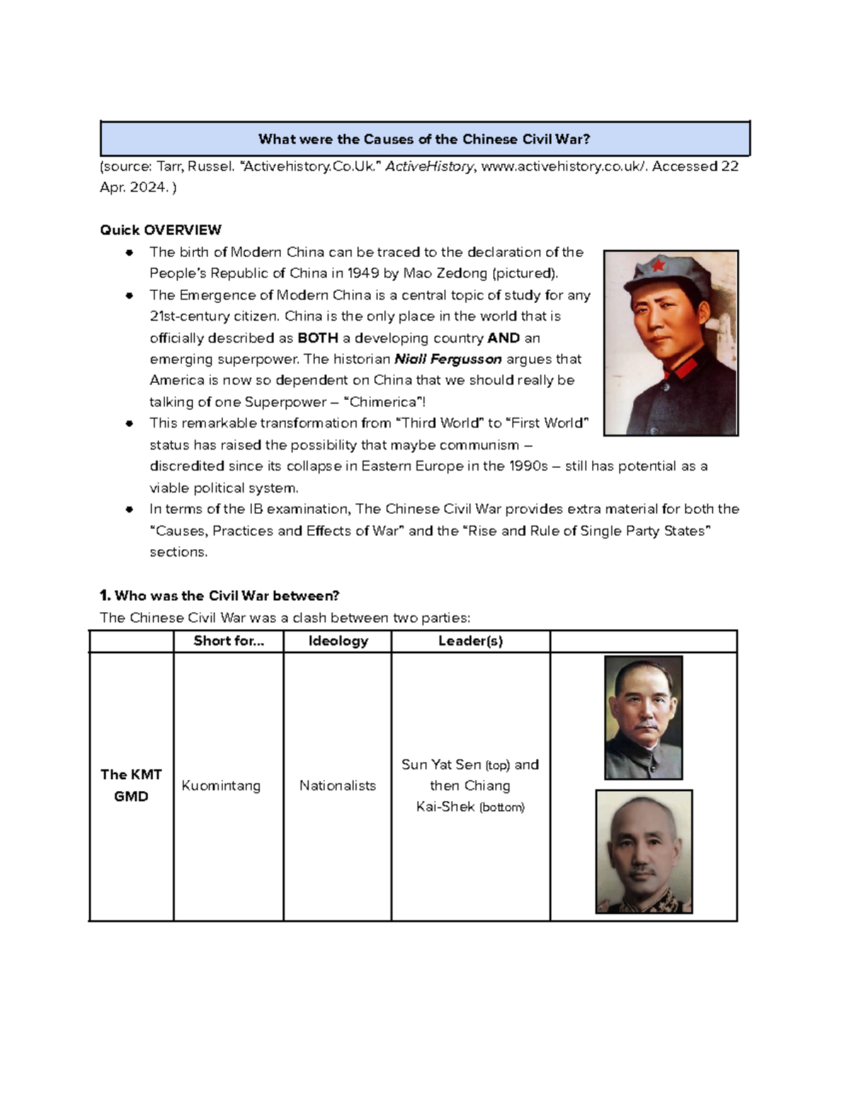 Overview Chinese Civil War - What were the Causes of the Chinese Civil War? (source: Tarr ...