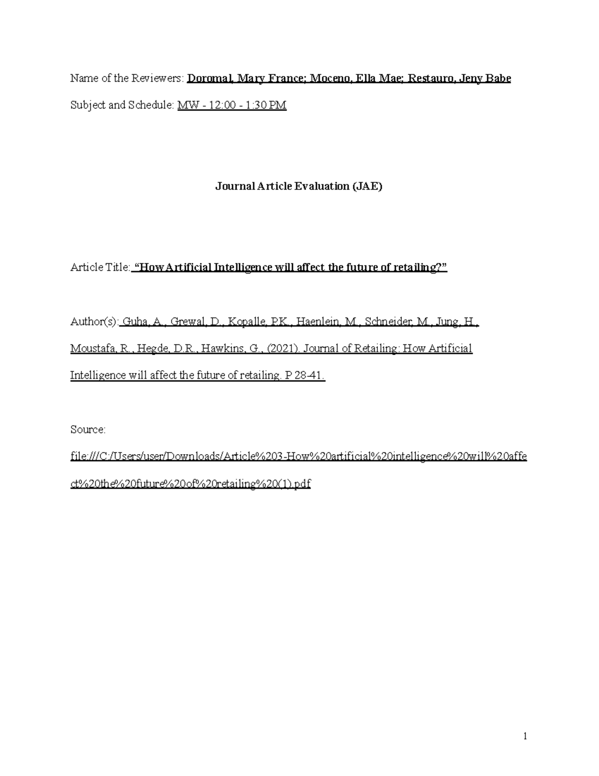 Journal Article Evaluation Pre Final Requirement Group 3 - Name of the ...