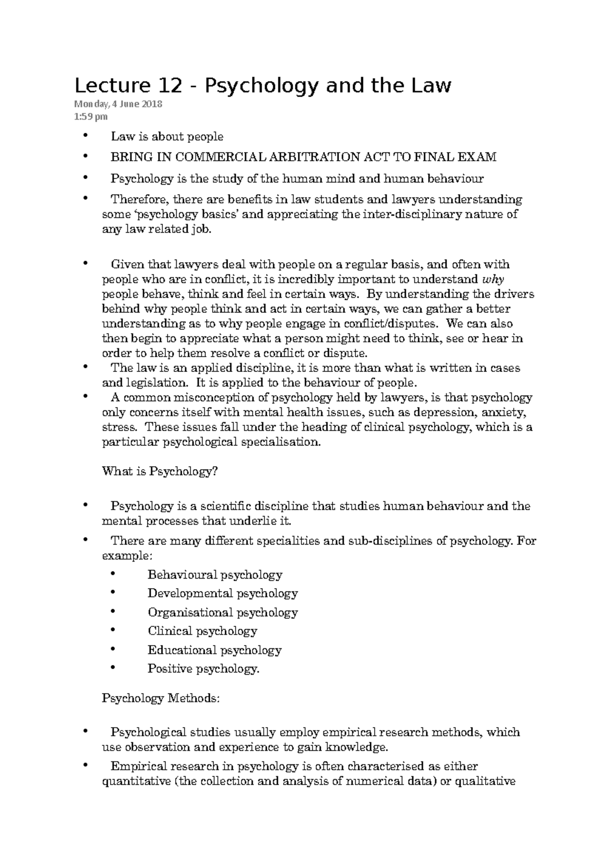 Lecture 12 - Law and Psychology - Lecture 12 - Psychology and the Law ...